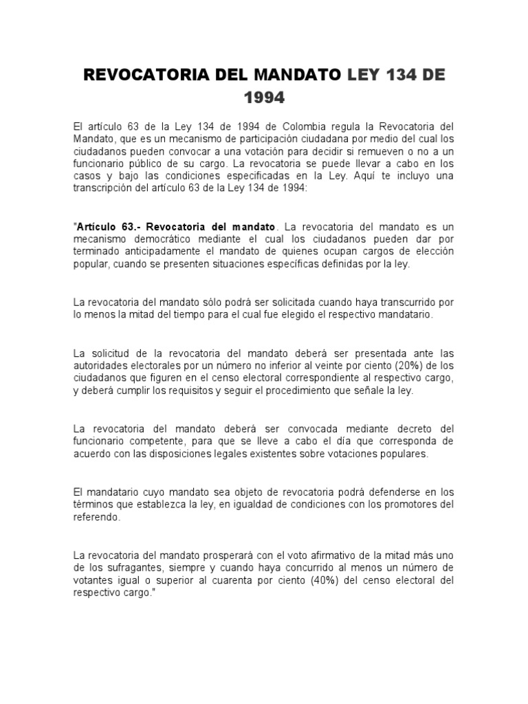Revocatoria Del Mandato Ley 134 de 1994 | PDF