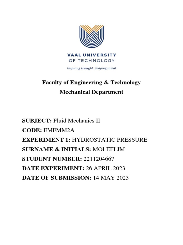 Fluid Mechanics 2 Practical 2 | PDF | Pressure | Force