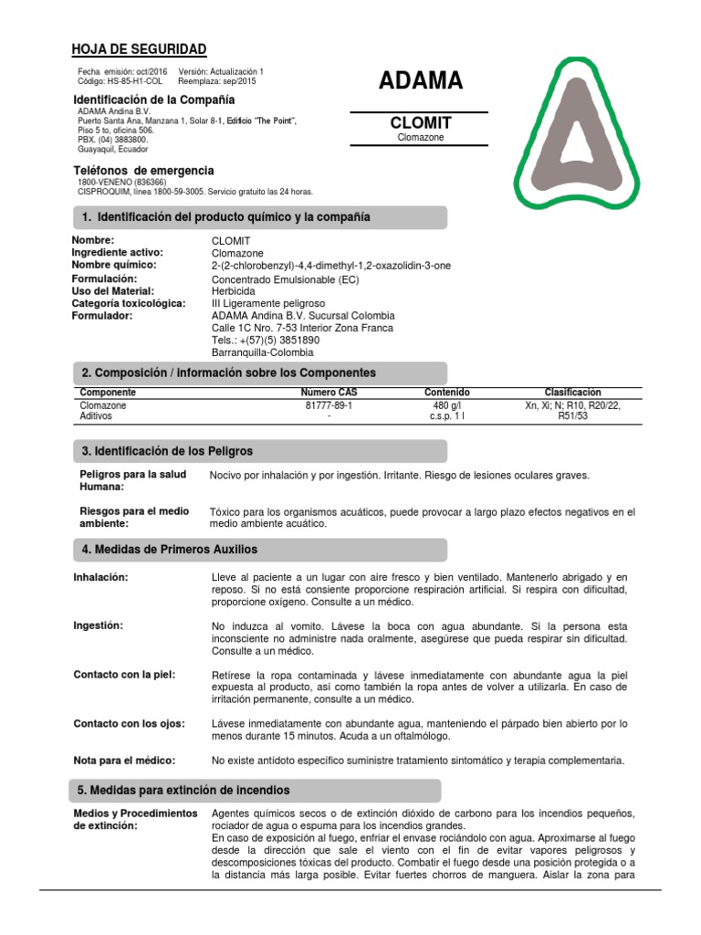 Clomazone Hoja de Seguridad | PDF | Agua | Química