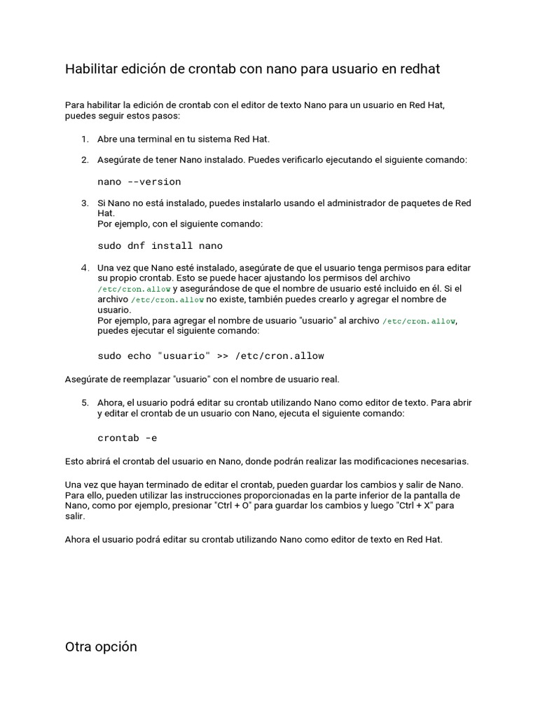 Habilitar Edición De Crontab Con Nano Para Usuario En Redhat Pdf 