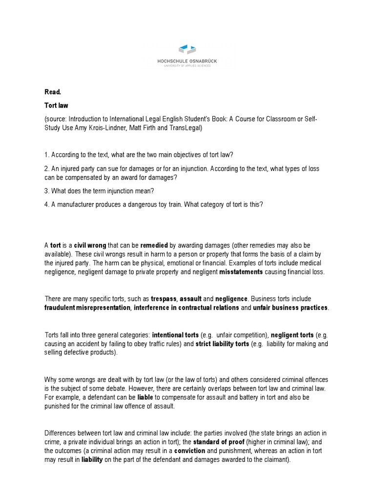 E3 Law 3 Tort Law | PDF