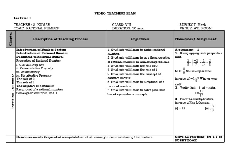 VIDEO LESSON PLAN - 1 S. Kumar | PDF | Numbers | Rational Number