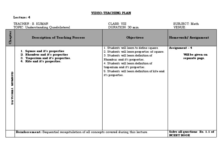 Math Lesson Plan: Understanding Quadrilaterals | PDF
