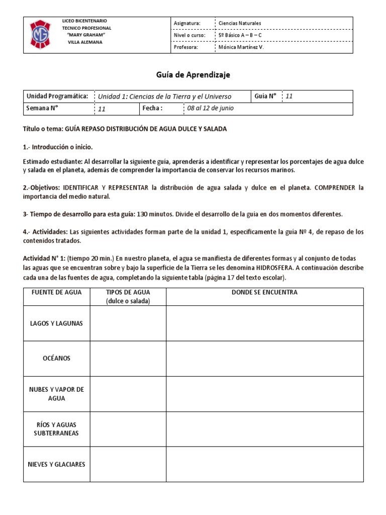 Cs 5EGB U1 G11 Repaso Agua Dulce y Salada | PDF | Agua | Agua dulce