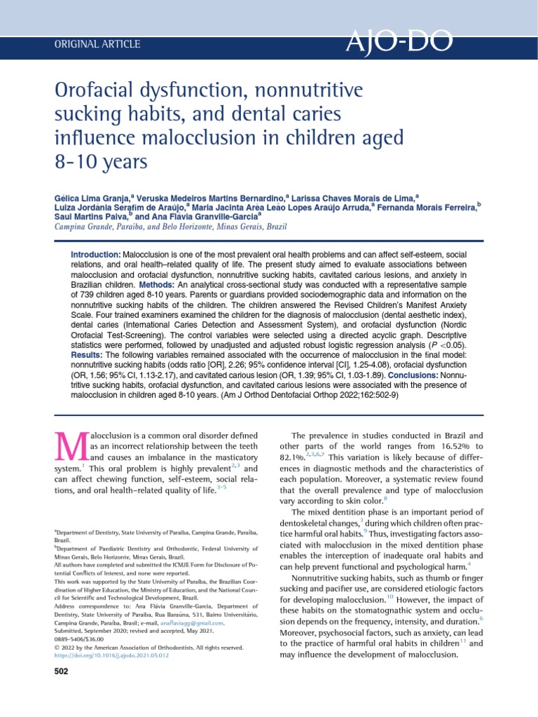 Orofacial Dysfunction Nonnutritive Sucking Hab 2022 American Journal of Ort | PDF | Dentistry ...