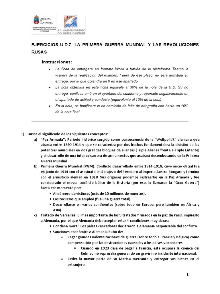 Ejercicios U.d.7 4º Eso. Resuelto. La PGM y Las Revoluciones Rusas | PDF | Primera Guerra ...