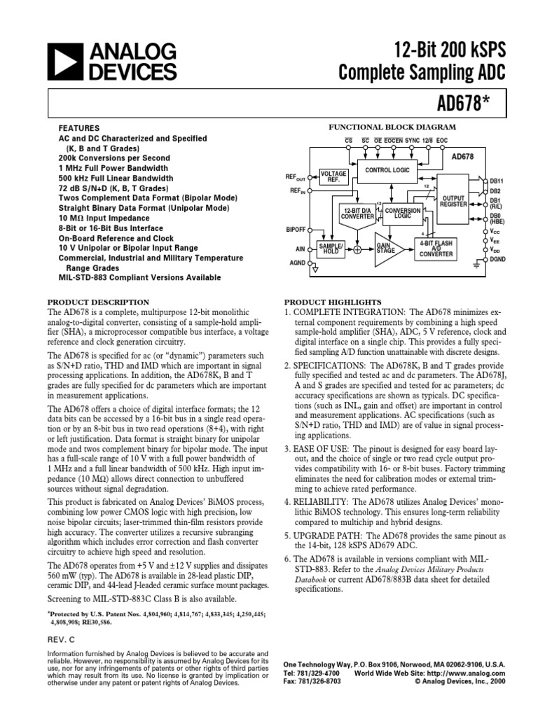 12-Bit 200 KSPS Complete Sampling ADC AD678 : Input Impedance | PDF ...