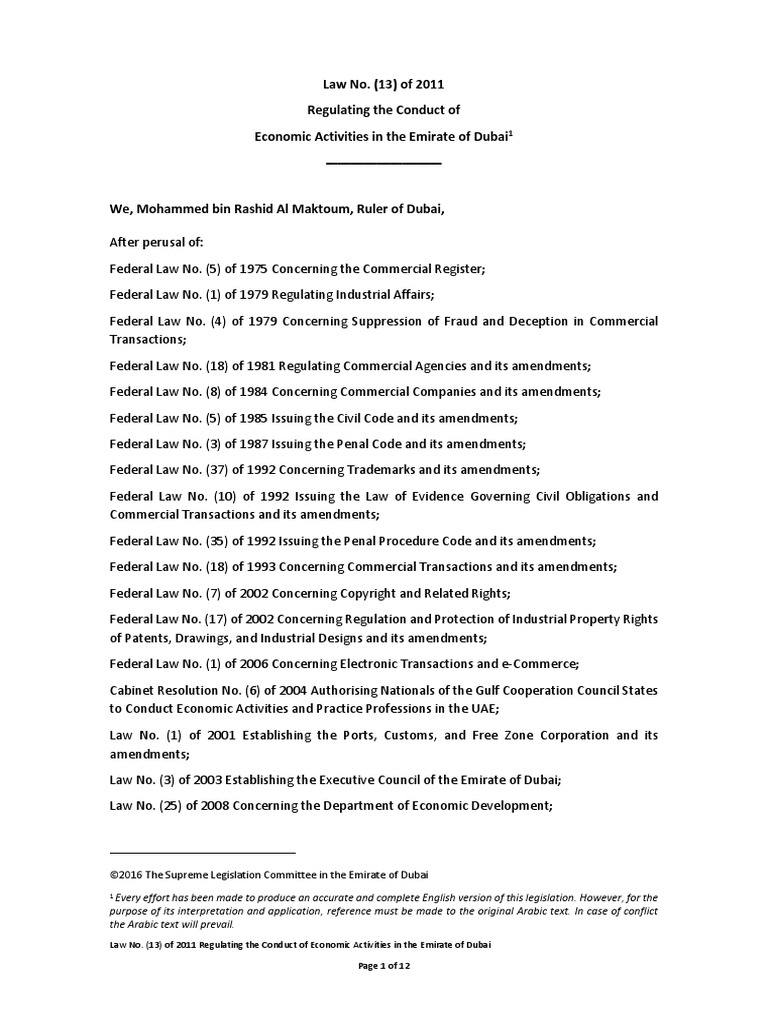 Law No. (13) of 2011 Regulating Economic Activites - English 20012016 ...