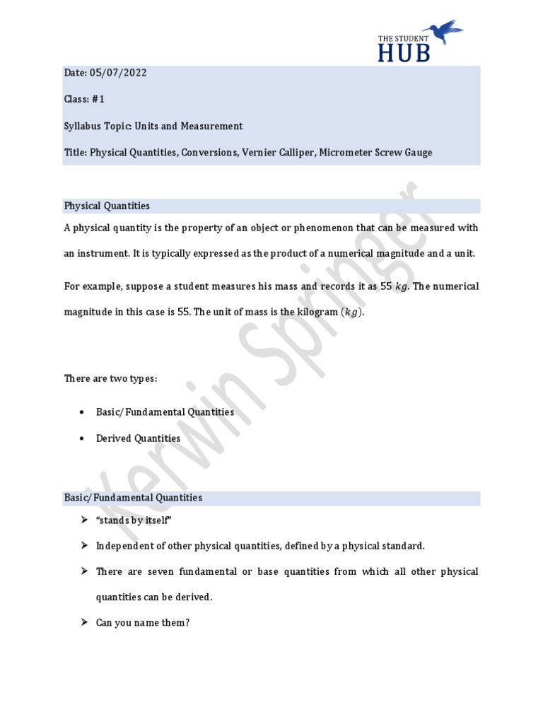 Class 1 - Units and Measurements | PDF | Observational Error | Density