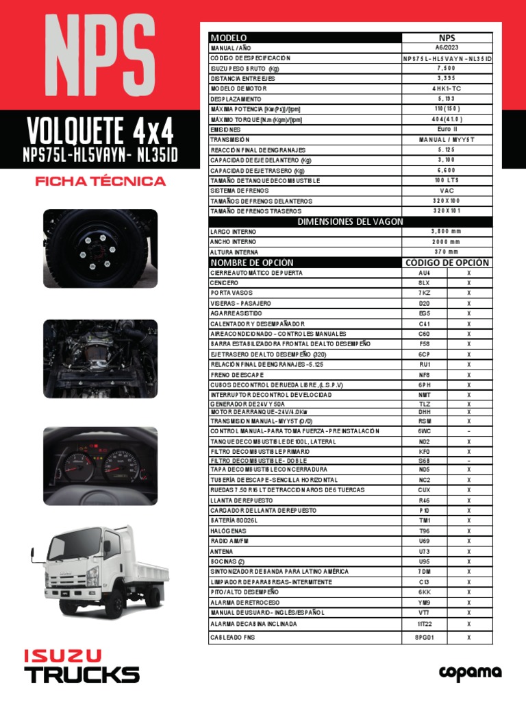 Ficha Técnia NPS75 (Volquete 4x4) | PDF | Eje | Tracción en las cuatro ...