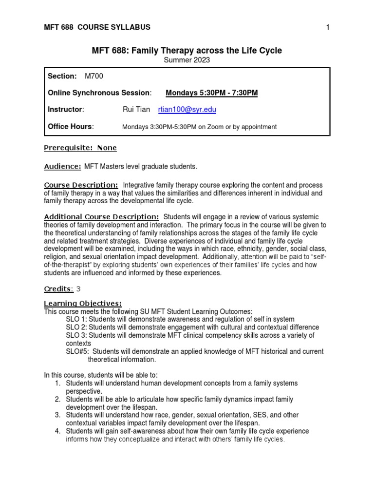 MFT 688 Syllabus Summer 2023 | PDF | Family Therapy | Psychotherapy
