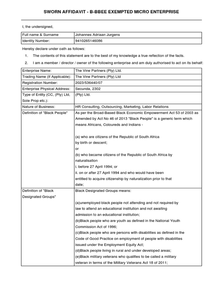 The Vine Partners (Pty) Ltd. Official BEE Affidavit Level 2 | Download ...