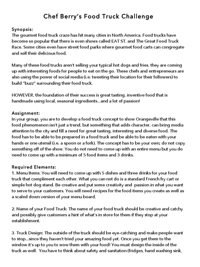 Chef Berrys Food Truck Challenge For Har | PDF | Menu | Food Truck
