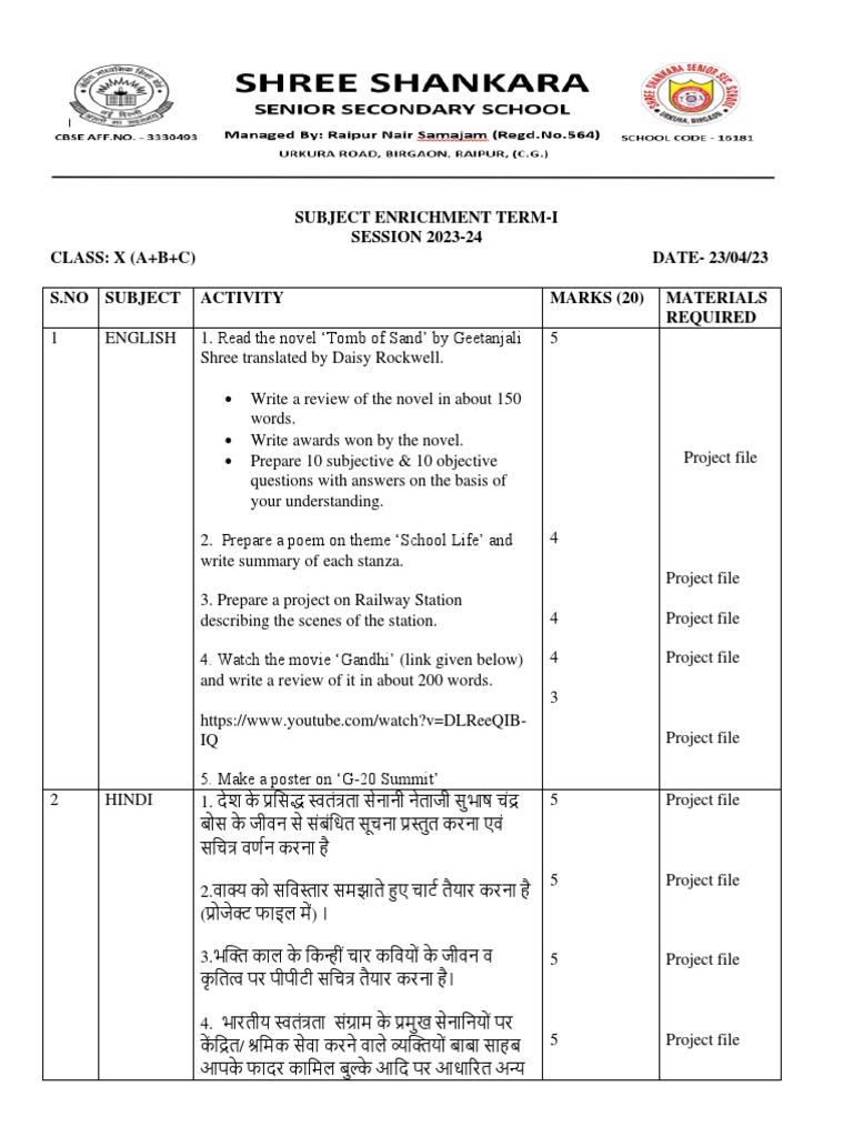Shree Shankara Sr. Sec. School Subject Enrichment Class-10 | PDF | Science