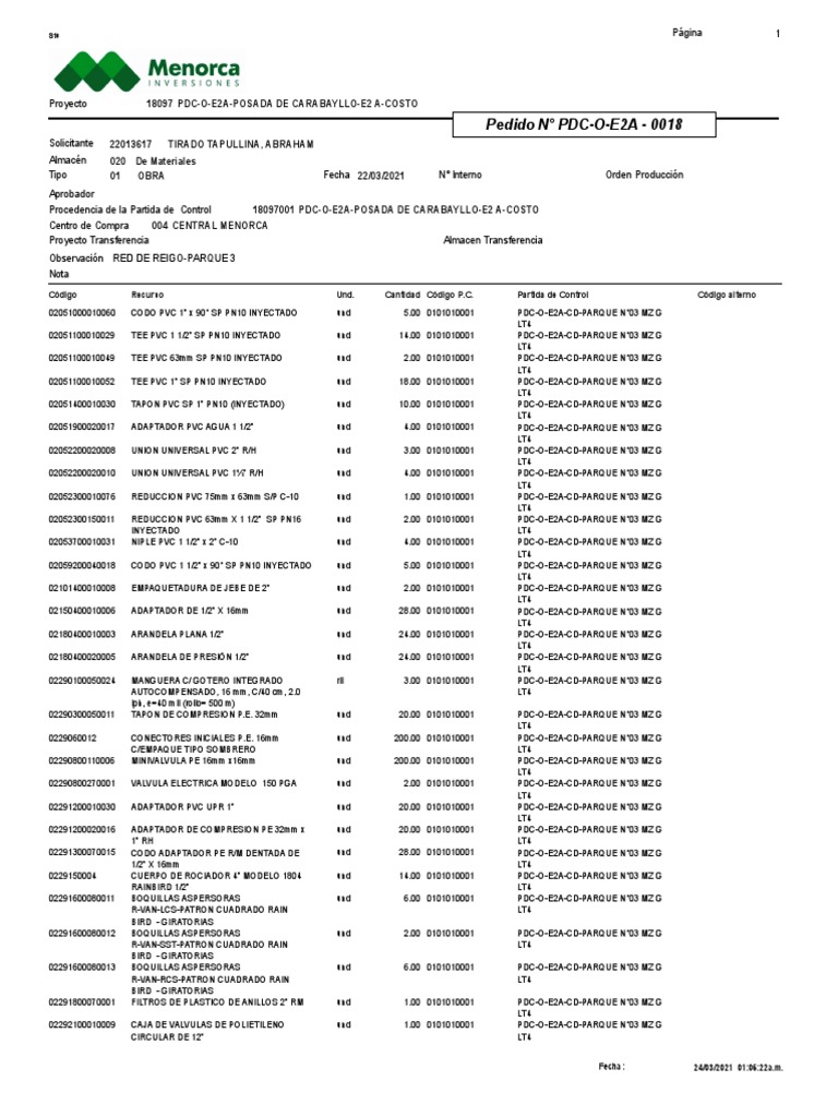 Pedido N° Pdc-O-E2a - 0018 | PDF