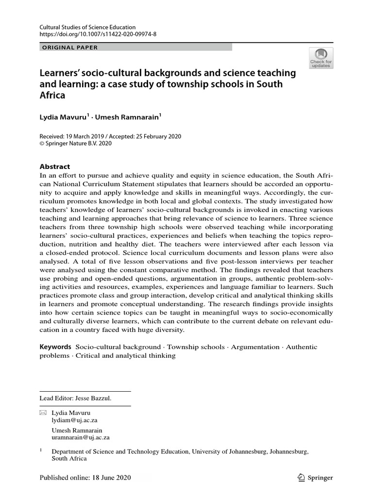 Learners' Socio Cultural Backgrounds and Science Teaching and Learning: A Case Study of Township ...