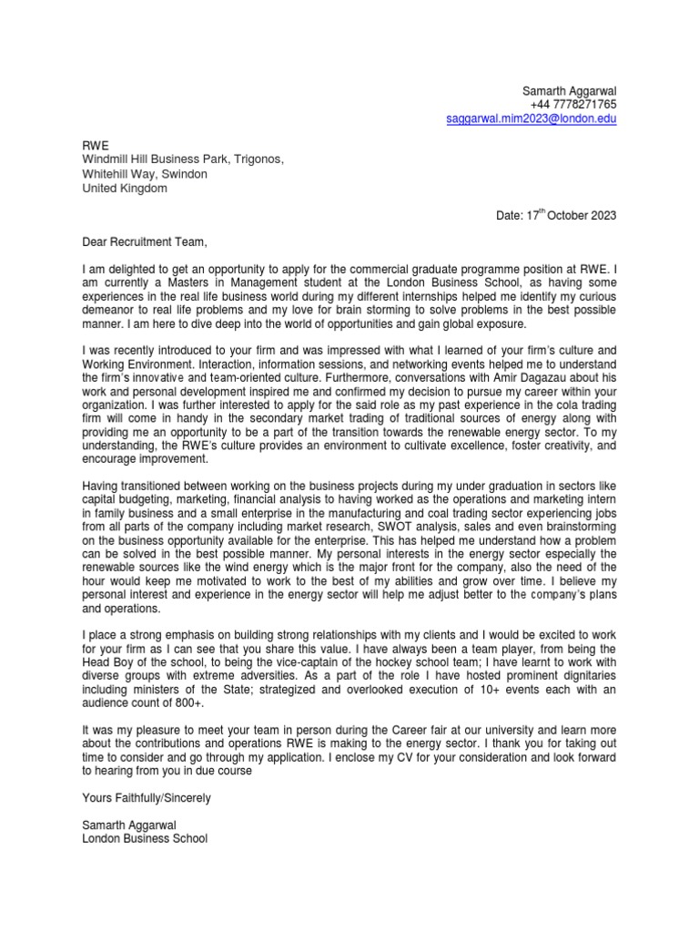 Cover Letter RWE | PDF | Internship | Job Hunting