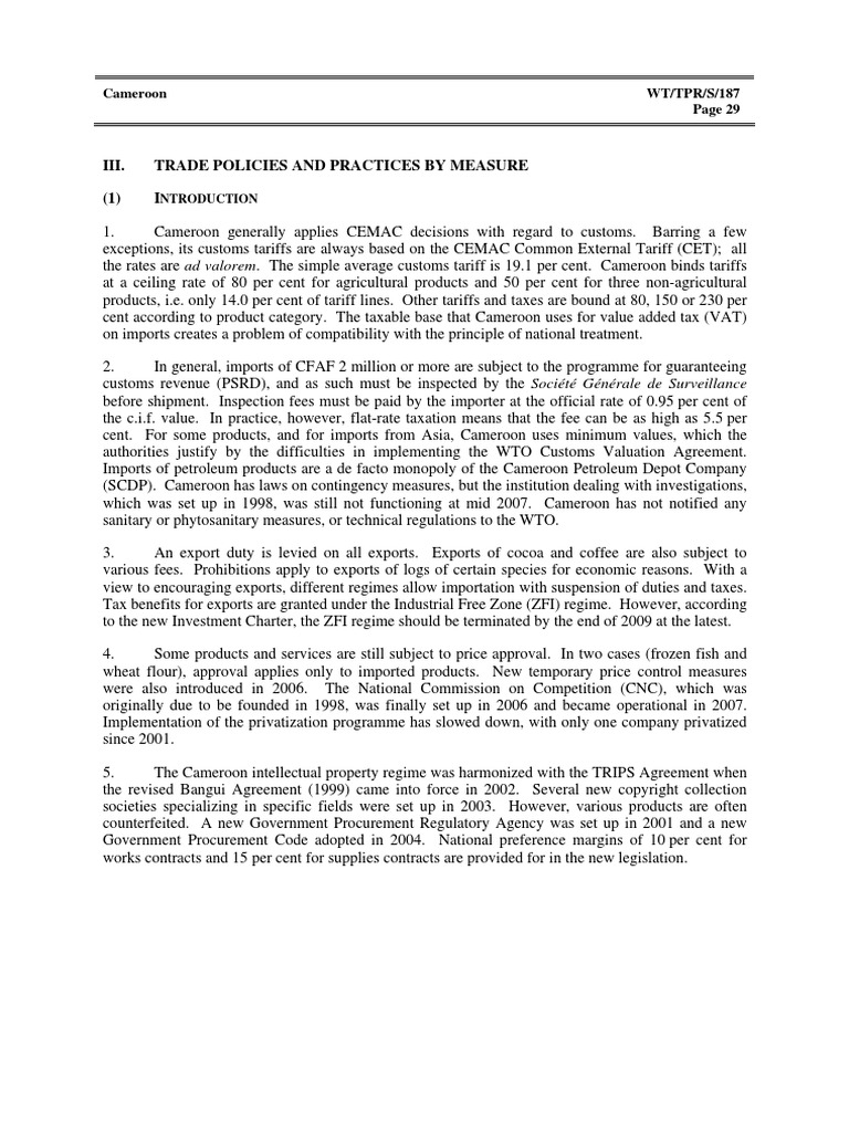 Cameroon Trade Policies and Practices Overview | PDF | Taxes | Customs