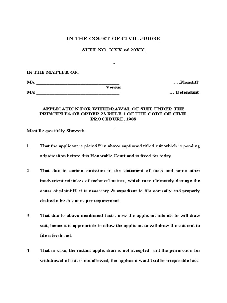Application For Withdrawal of Suit Format | PDF | Lawsuit | Affidavit