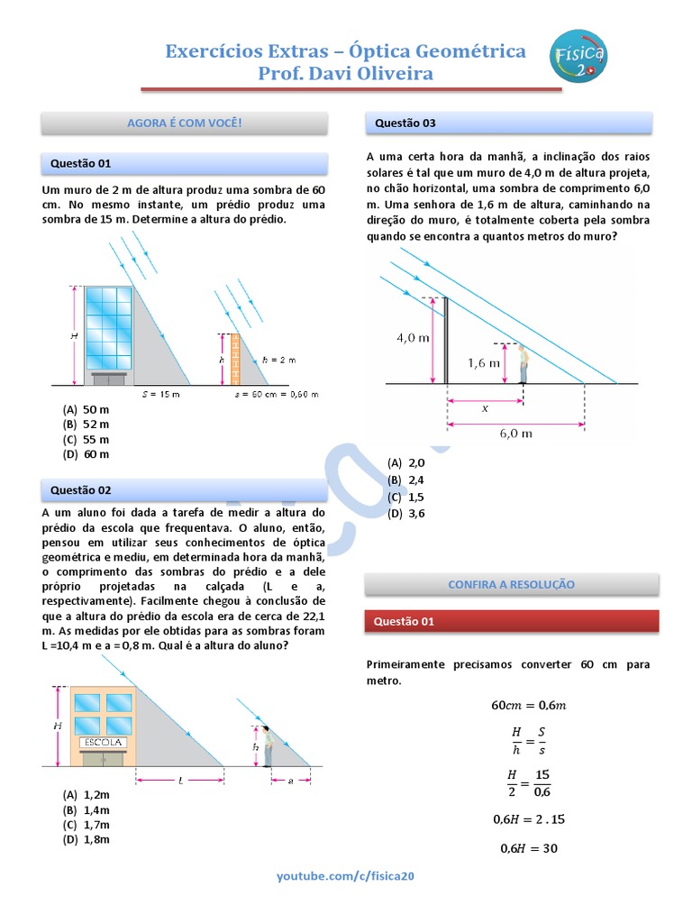 Exercícios - Óptica Geométrica | PDF | Métodos e Materiais de Ensino