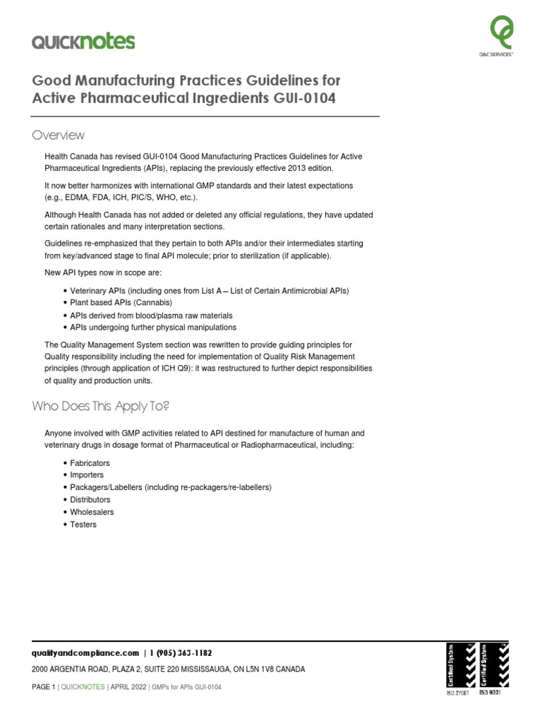 Health Canada GMP Guidelines for APIs | PDF | Packaging And Labeling