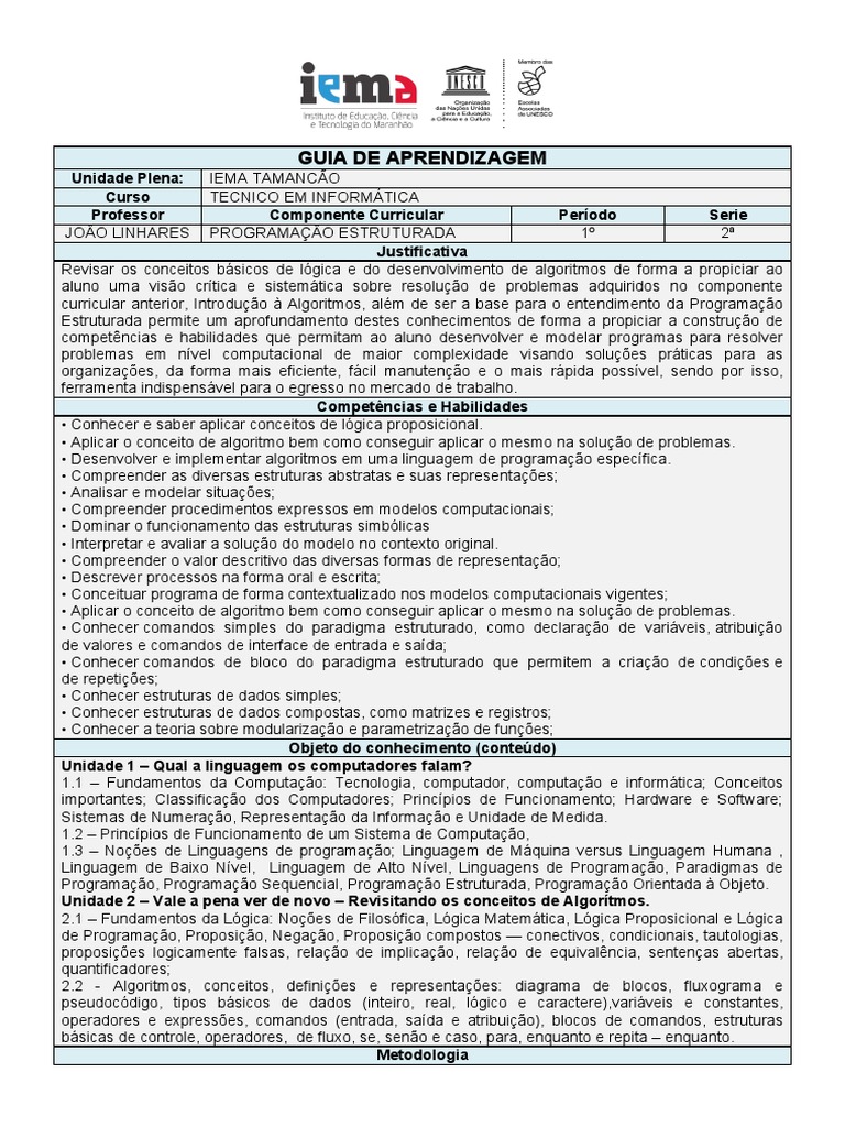 Guia de Aprendizagem - Programação Estruturada 2023 v1-0 | PDF ...