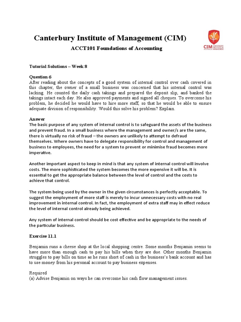 Acct 101 S1 2023 Week 8 Tutorial Solutions | PDF | Cash | Banks