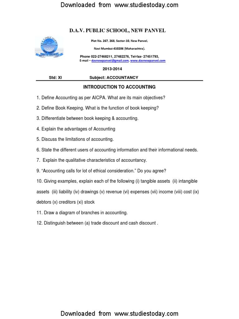 CBSE Class 11 Accountancy Worksheet - Introduction To Accounting | PDF