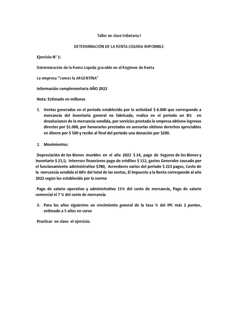 Taller N.1 Determinacion de La Renta Liquida Gravable | PDF | Negocios ...