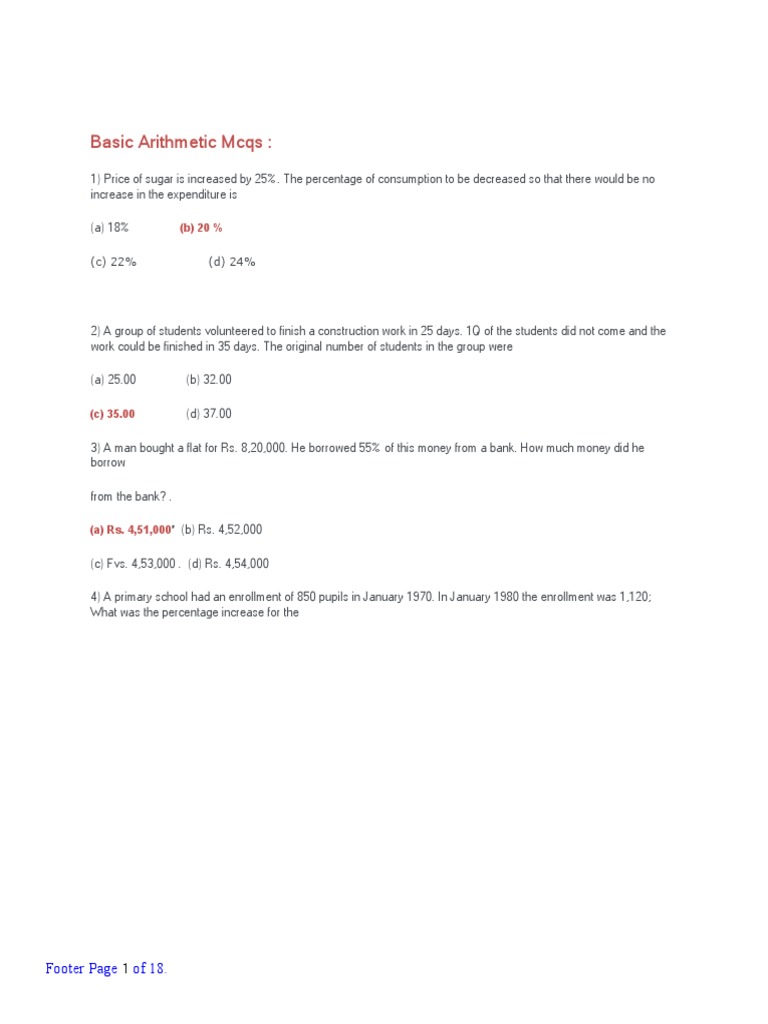Basic Arithmetic MCQs for Students | PDF | Economies