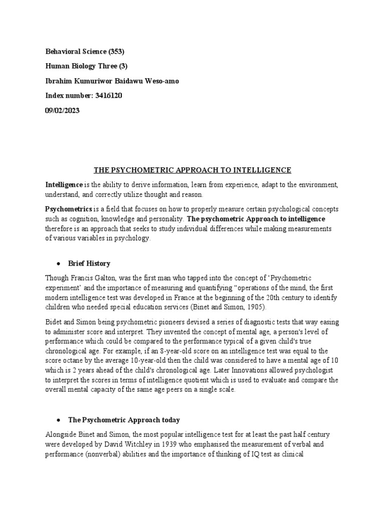 Behavioral Science Intelligence Assignment | PDF | Intelligence | Cognition