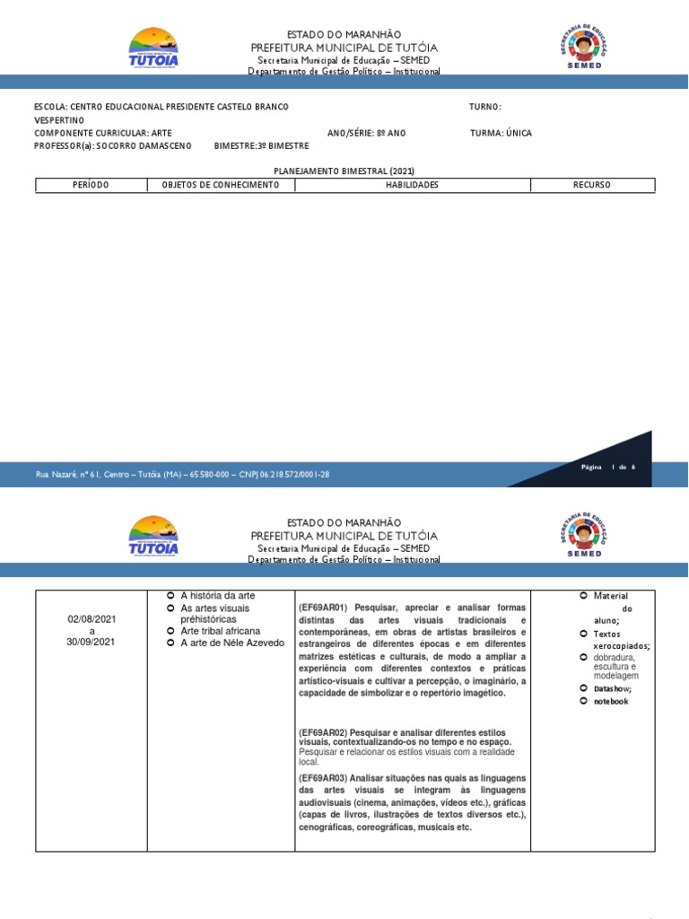 PLANO 3º Bimestre - ARTE 8 ANO | PDF