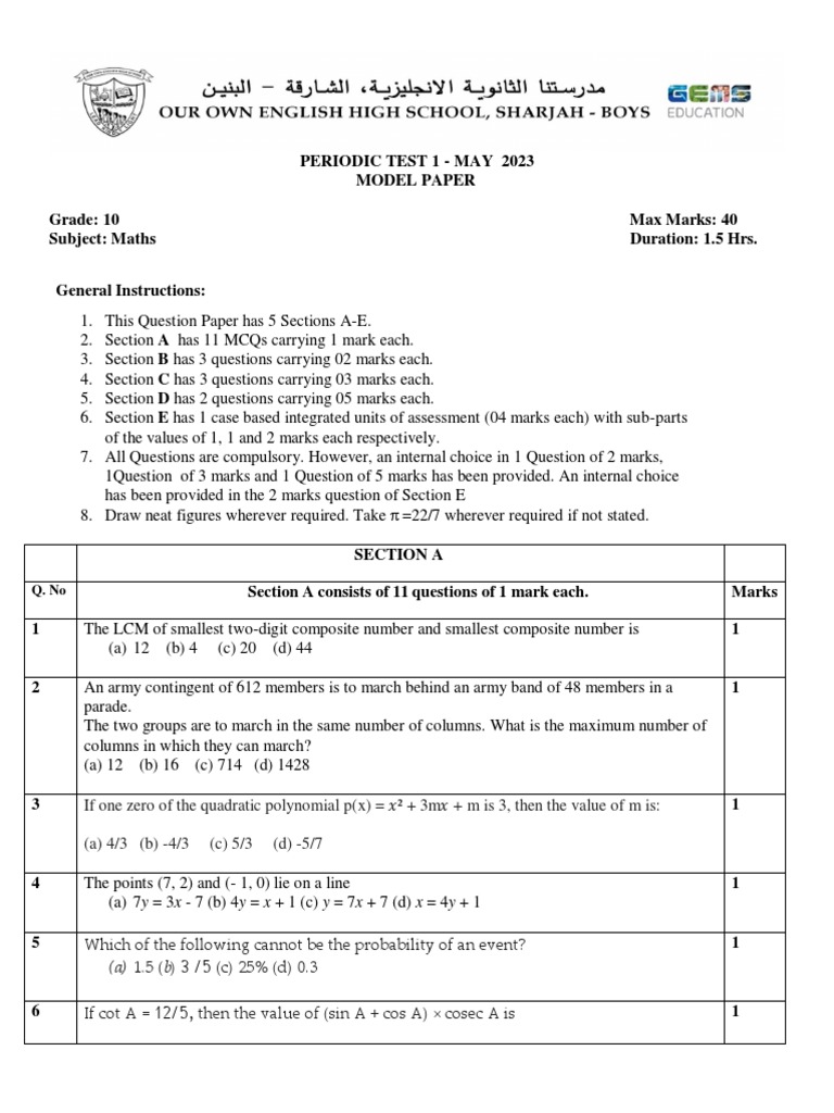 Model Paper10 PT1 Maths | PDF | Equations | Quadratic Equation Model Paper10 PT1 Maths | PDF | Equations | Quadratic Equation