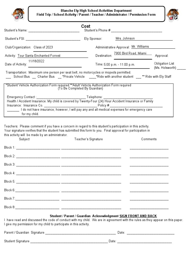 Field Trip Permission Form Template | PDF