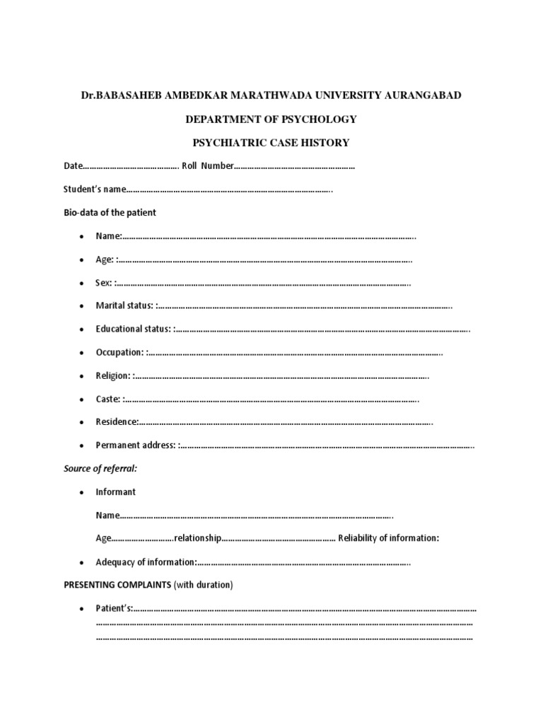 Case History Format | PDF | Psychotherapy | Mental Disorder Case History Format | PDF | Psychotherapy | Mental Disorder