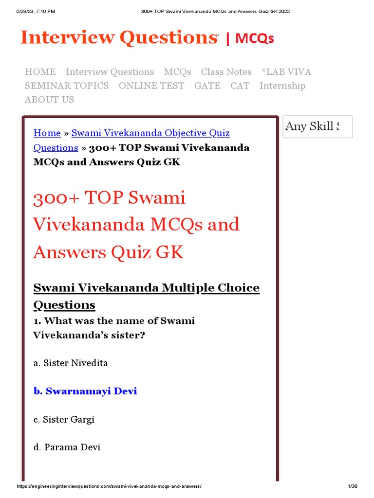 Swami Vivekananda MCQs and Answers | PDF | Swami Vivekananda | Ramakrishna Mission
