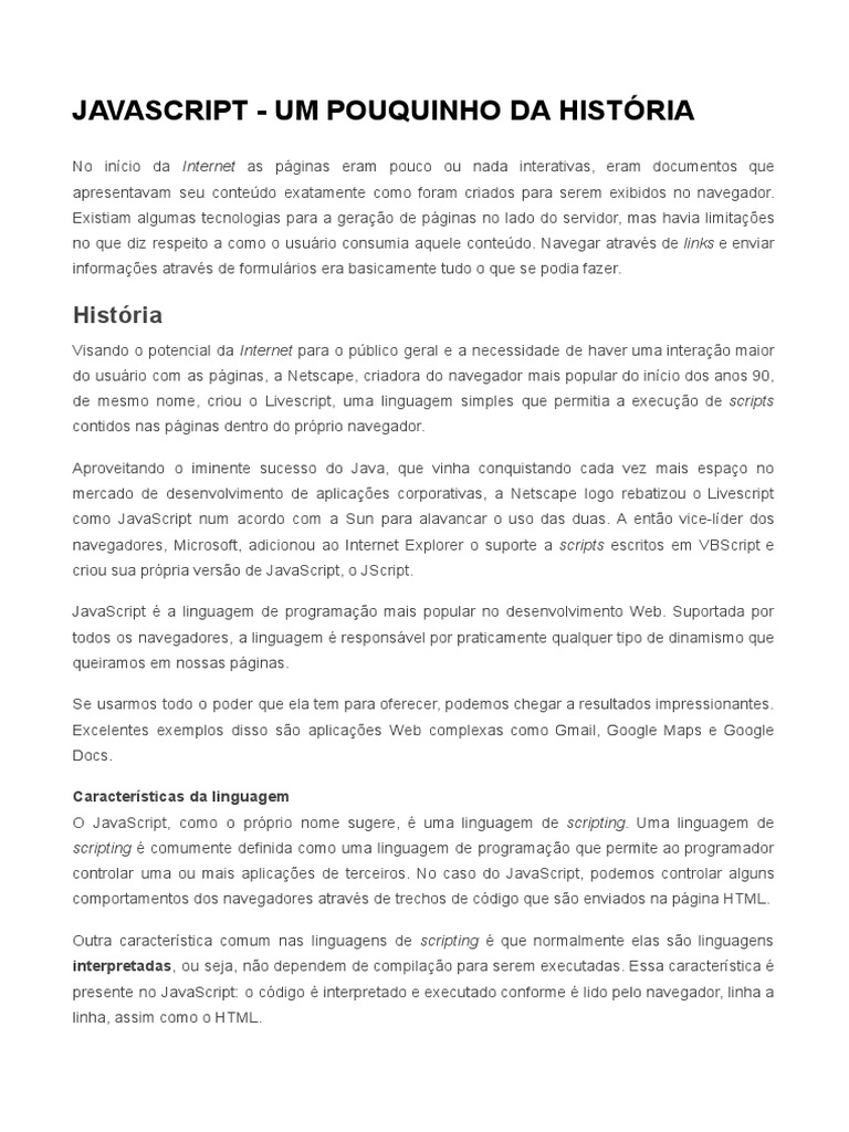 JavaScript - Historia | PDF | Script Java | Linguagem de script JavaScript - Historia | PDF | Script Java | Linguagem de script