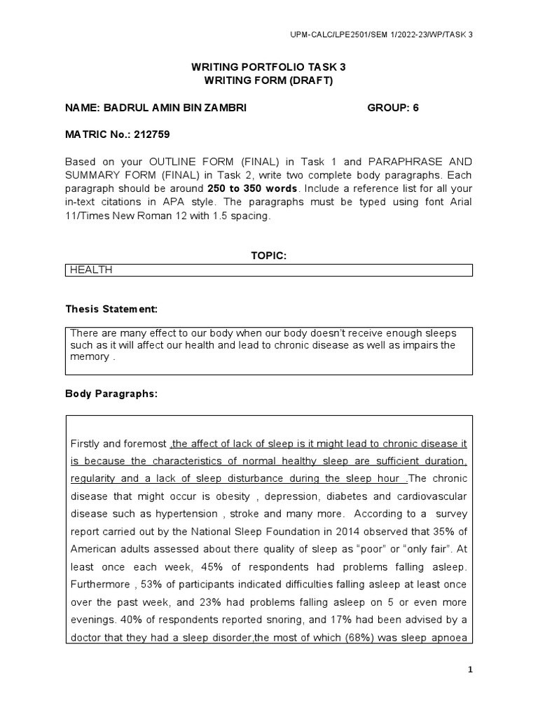 Lpe2501 Writing Portfolio Task 3 (Writing Form - Draft) | PDF | Memory | Sleep