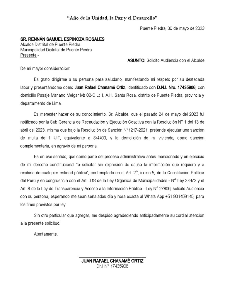 Solicitud De Audiencia Con Alcalde Juan Chanamé Pdf