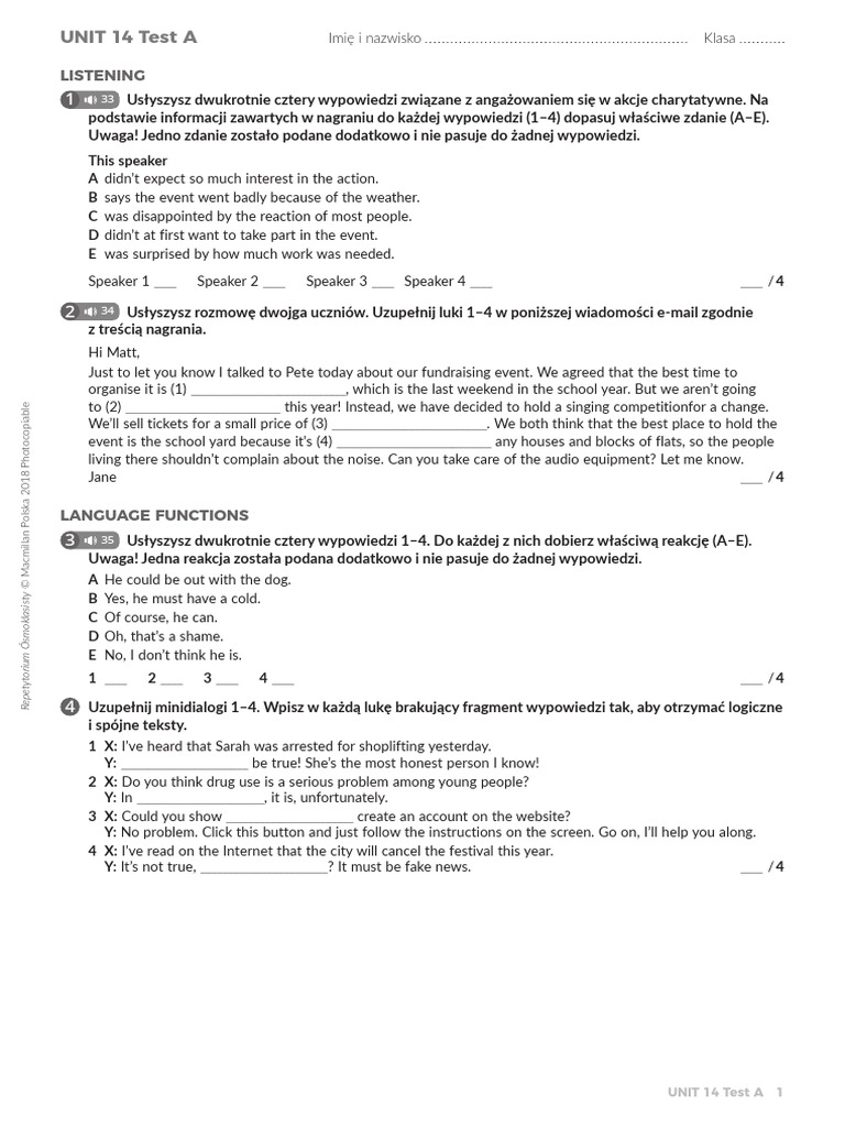 UNIT 14 Test A: Listening | PDF