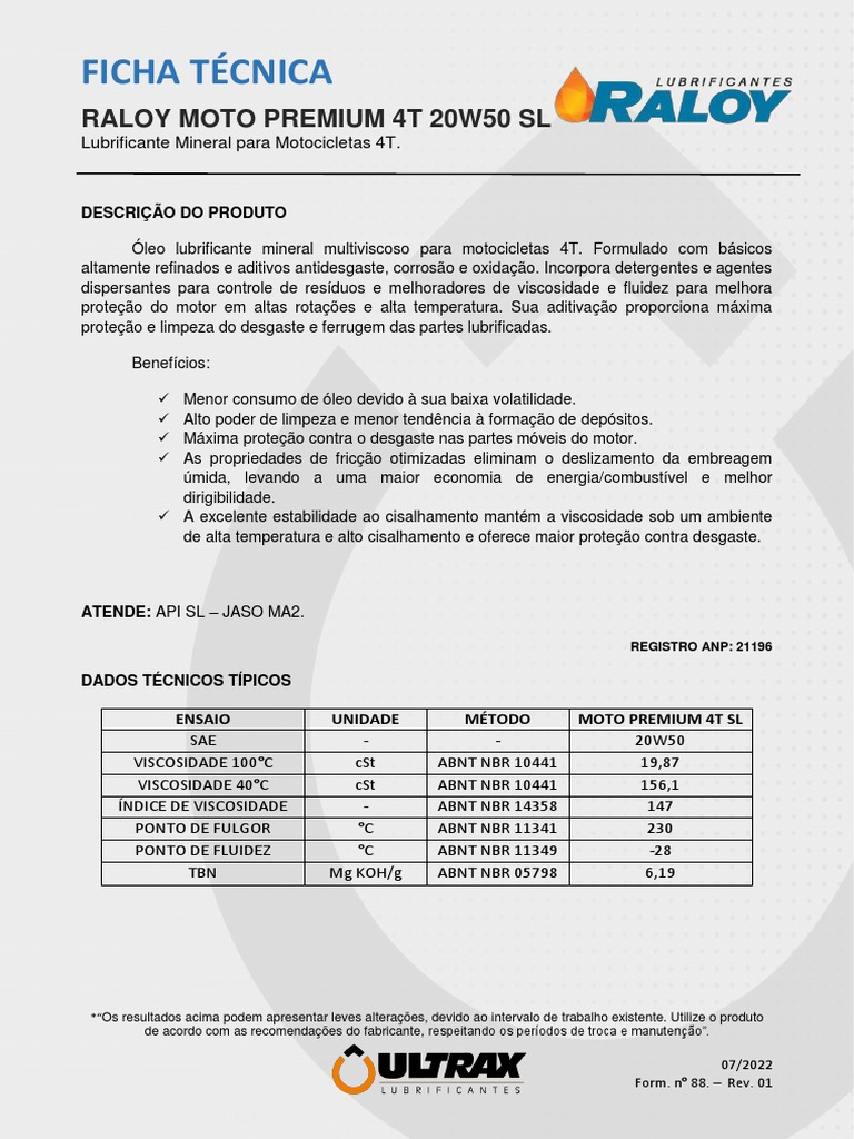 FICHA T怌NICA - RALOY MOTO PREMIUM 4T 20W50 SL | PDF | Óleo de motor ...