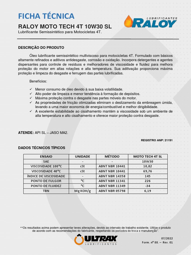 Óleo Raloy Moto 4T 10W30 SL | PDF | Óleo de motor | Engenharia Mecânica