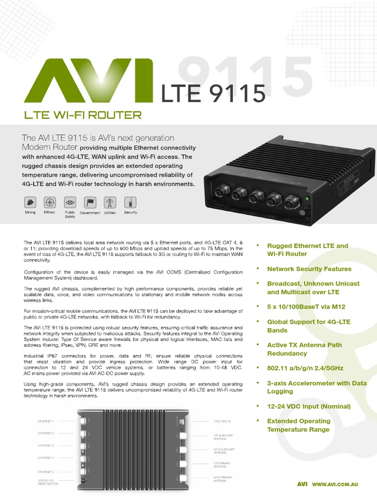 AVI LTE 9115 Datasheet 1.5 - A4 | PDF | Wi Fi | I Pv6