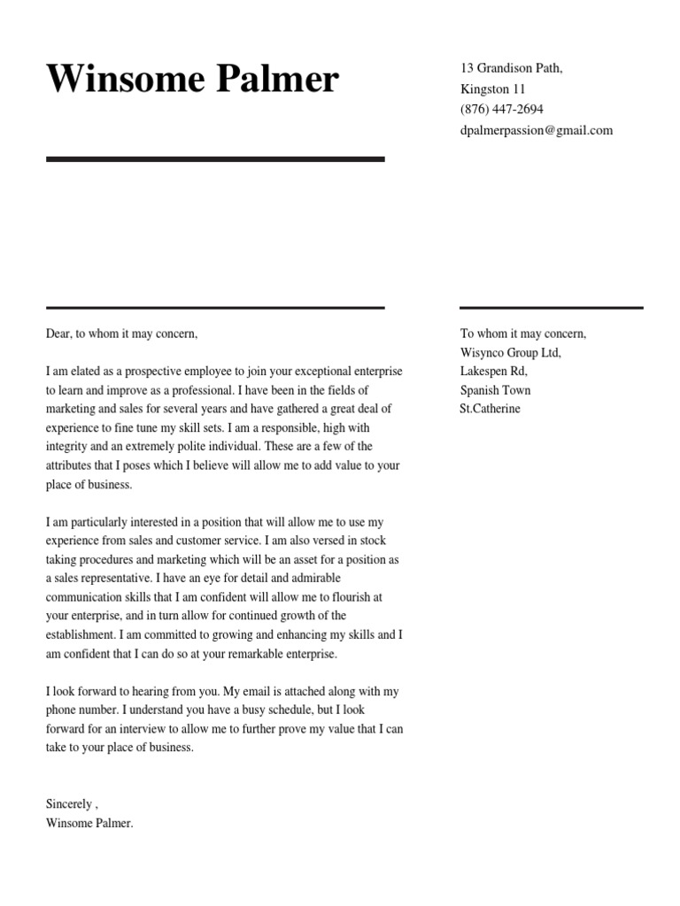 Winsome Palmer Cover Letter Wisynco | PDF