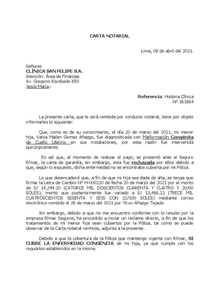 Carta Notarial - Cl¡nica San Felipe - Rimac | PDF