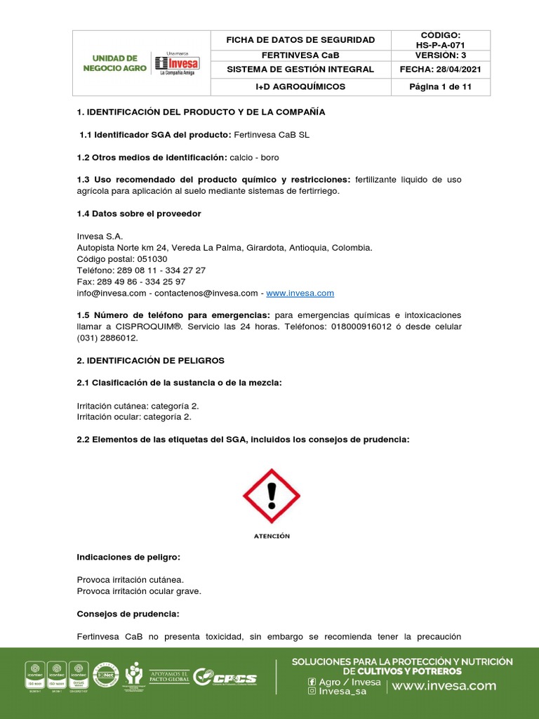 Hoja de seguridad-CaB | PDF | Agua | Pesticida