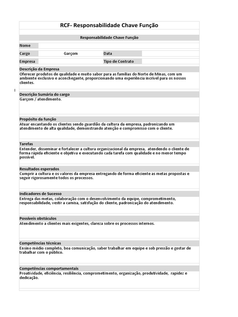 RCF: Responsabilidades do Garçom e Cheff | PDF | Desenvolvimento ...
