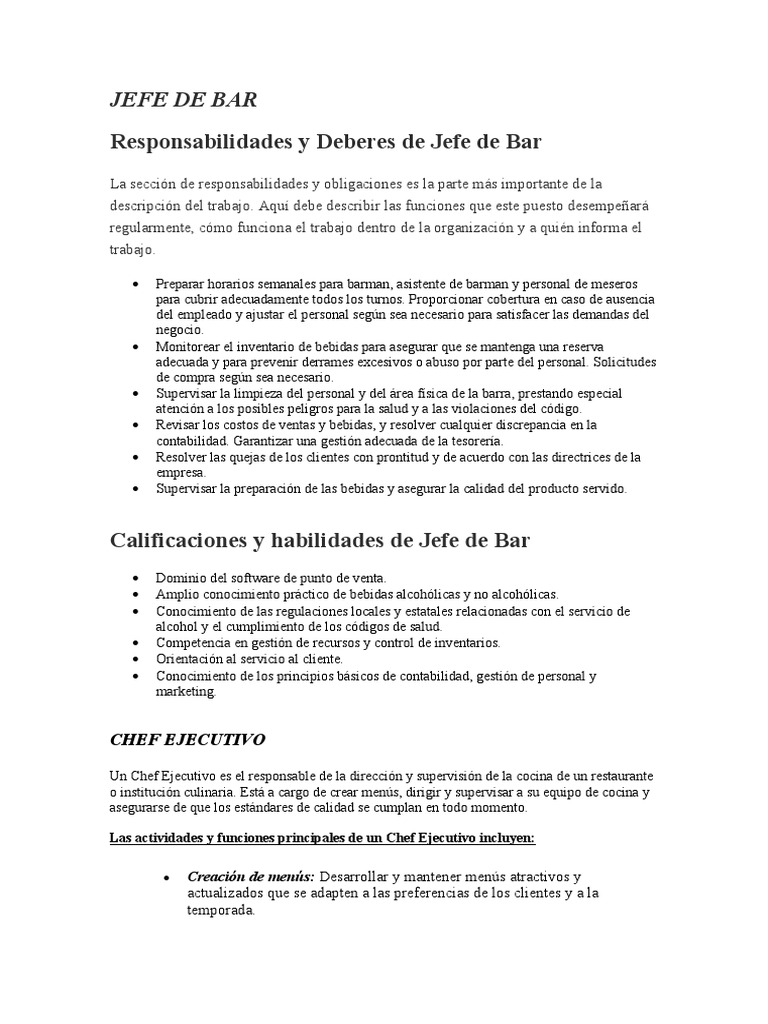Funciones del Jefe de Bar | PDF | Artes culinarias | Liderazgo