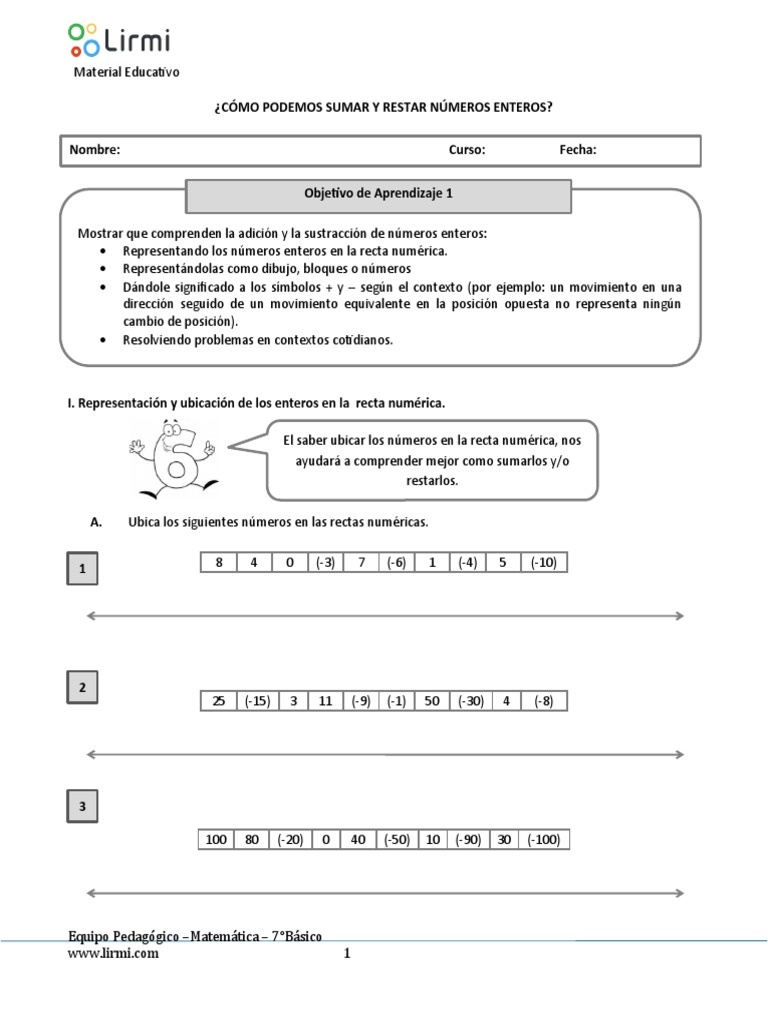 Guia Septimo Basico Matematicas Unidad 1 | PDF | Sustracción | Entero