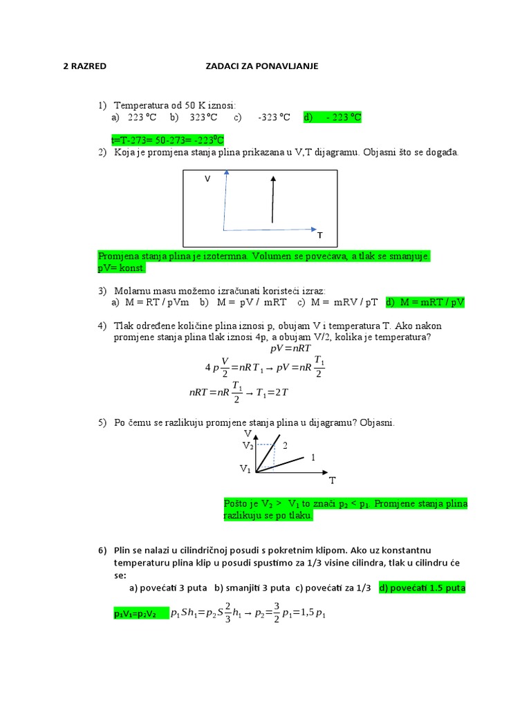 Zadaci Za Ponavljanje-Plinski Zakoni I Jednadžba Stanja Plina | PDF